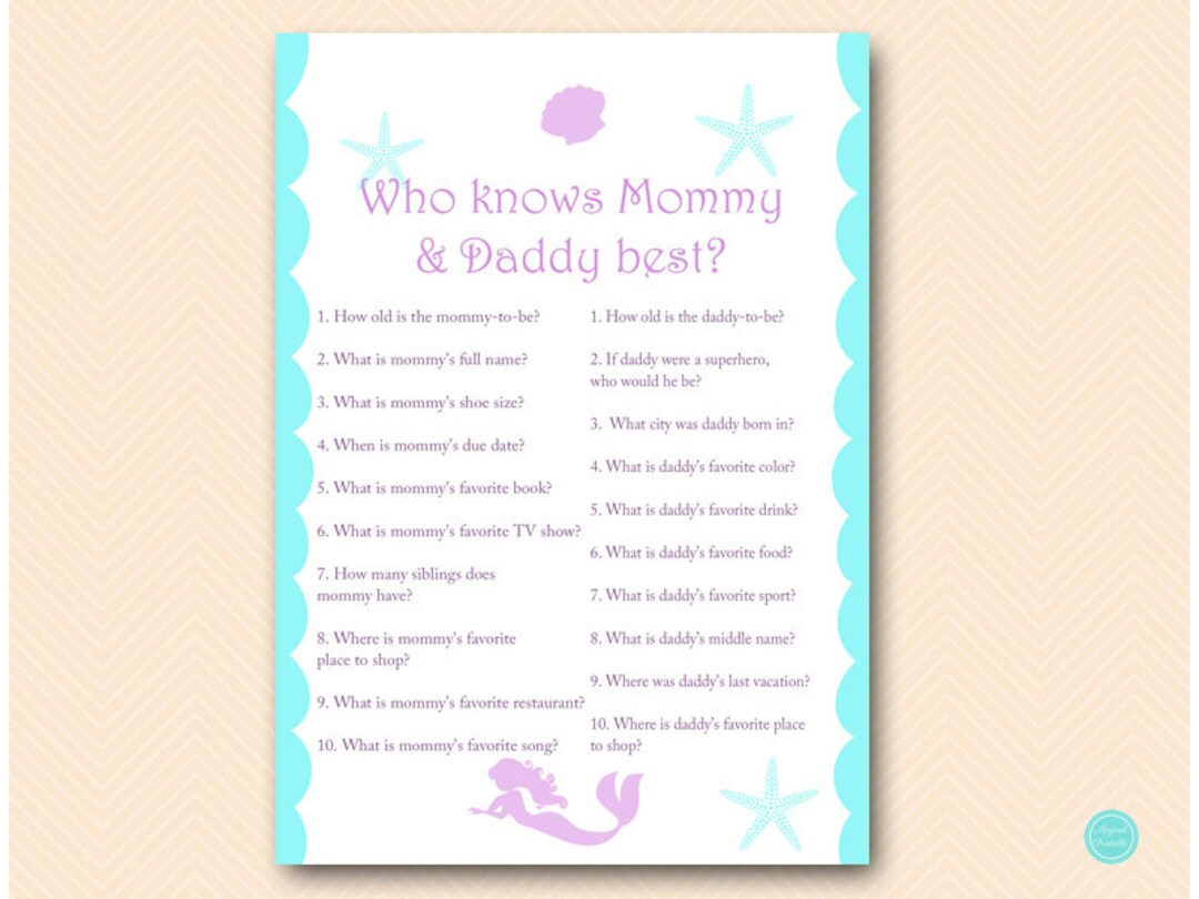 Mermaid Baby Shower Games, Who Knows Mommy and Daddy Best, Who Knows ...