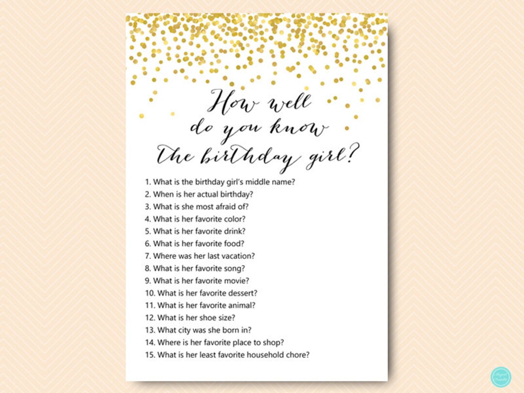 Gold Girl Birthday Party Games, Who Knows the Birthday Girl Best, How ...
