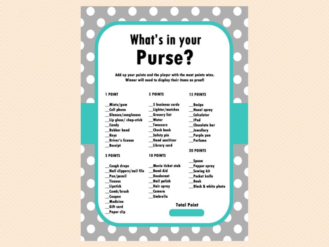 What's in Your Purse Game, Purse Game Bridal Shower, Purse Hunt, Purse ...