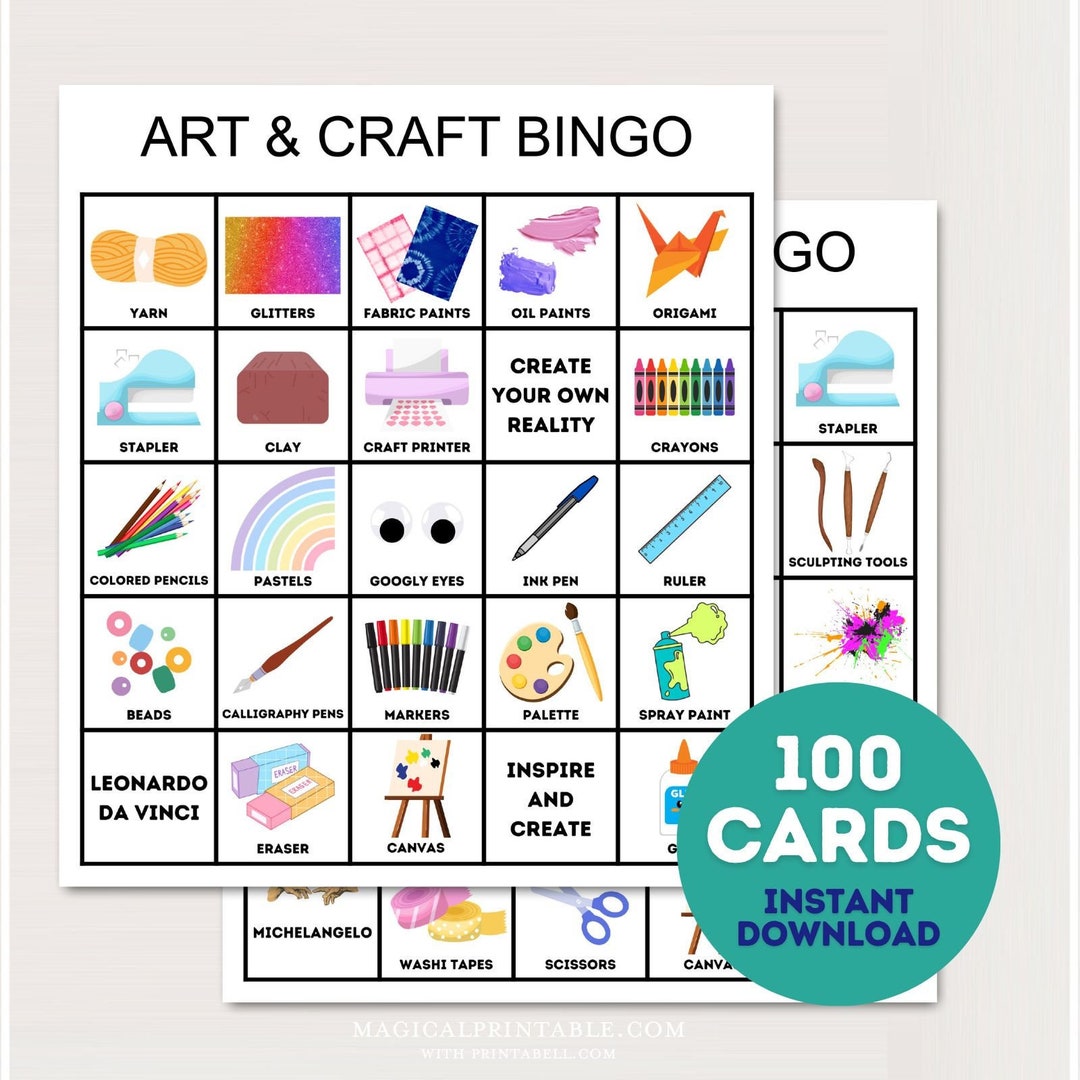100x Art & Craft Bingo Cards, Printable Art Bingo, Art Party Activity ...