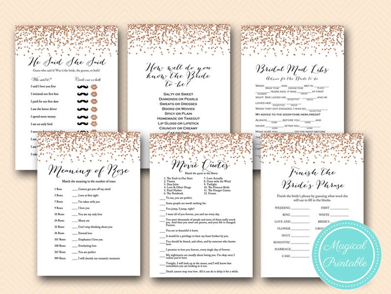Instant Download Game Package Printable, Rose Gold Confetti Bridal ...