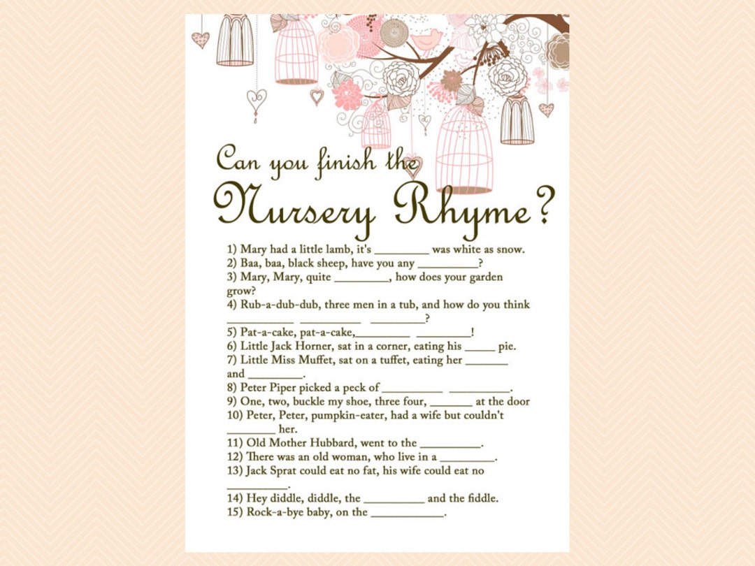 Nursery Rhyme Game, Quiz, Nursery Rhyme Baby Shower Game, Bird Cage ...