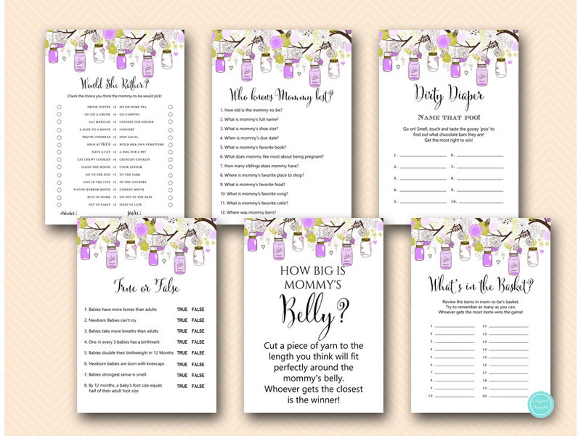 Purple Mason Jar Baby Shower Games Package, Instant Download, Baby ...