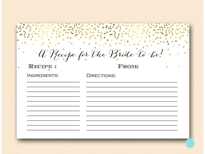 Gold Bridal Shower Recipe Cards Bridal Shower Recipe Recipe - Etsy