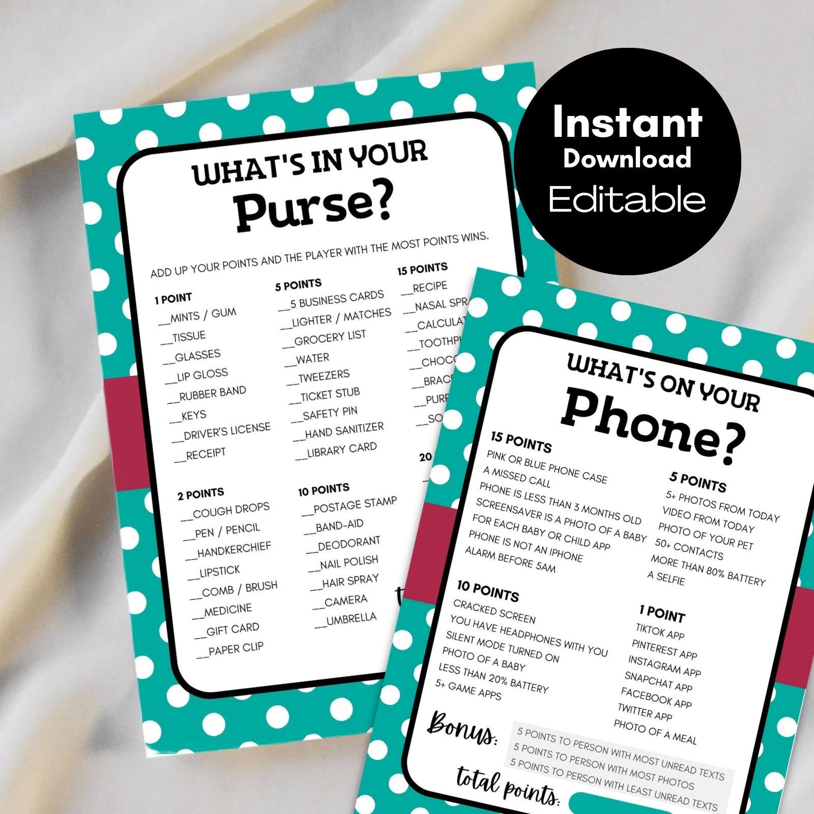 What's in Your Purse Game, Purse Game Bridal Shower, Purse Hunt, Purse ...
