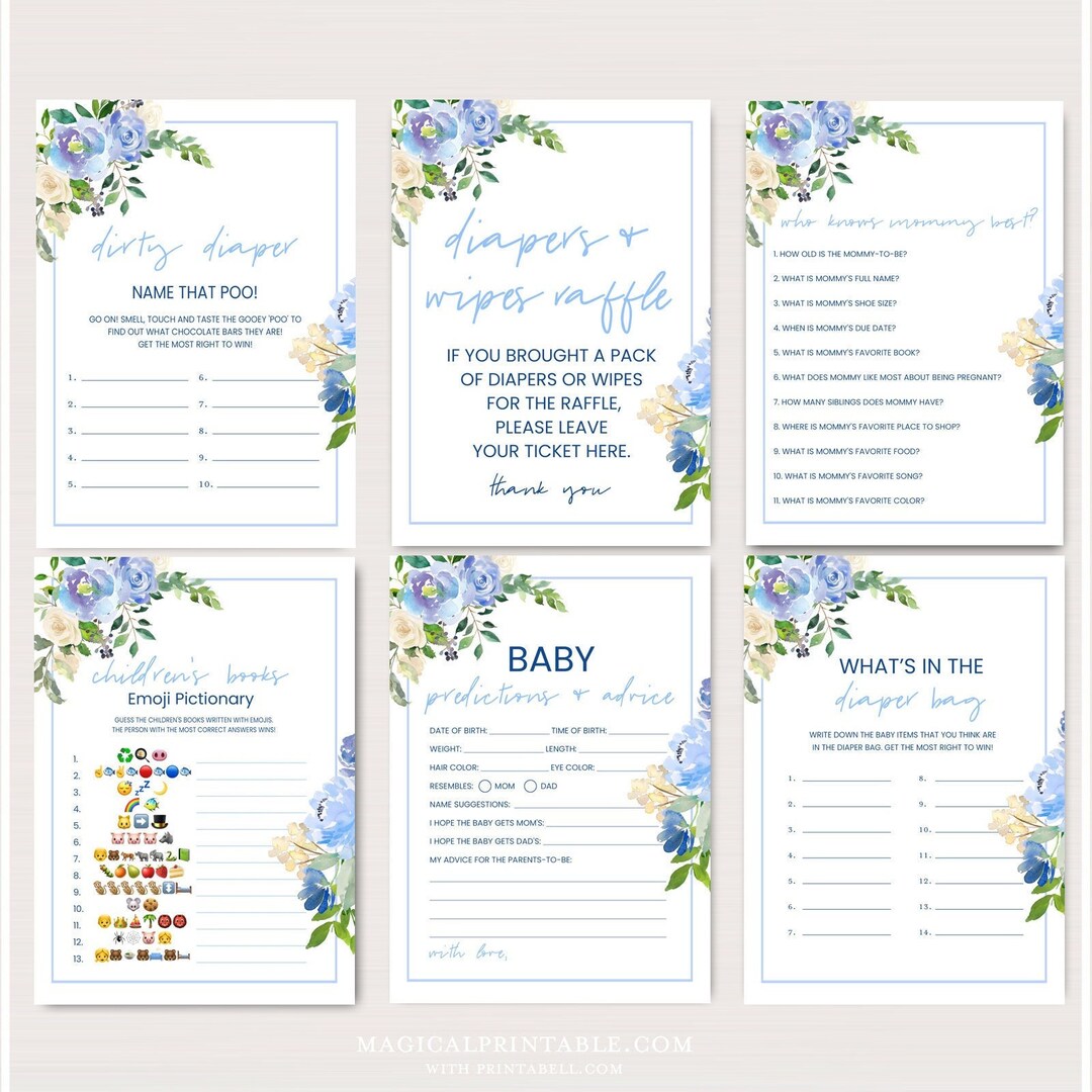 25x Elegant Blue Baby Shower Game Bundle, Boy Floral Baby Shower Games ...