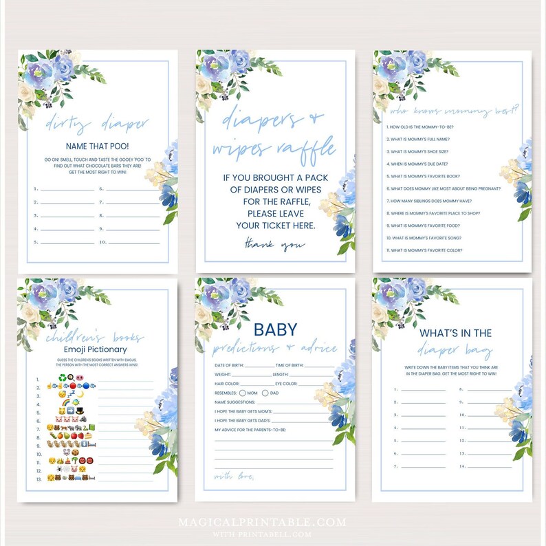 25x Elegant Blue Baby Shower Game Bundle Boy Floral Baby - Etsy