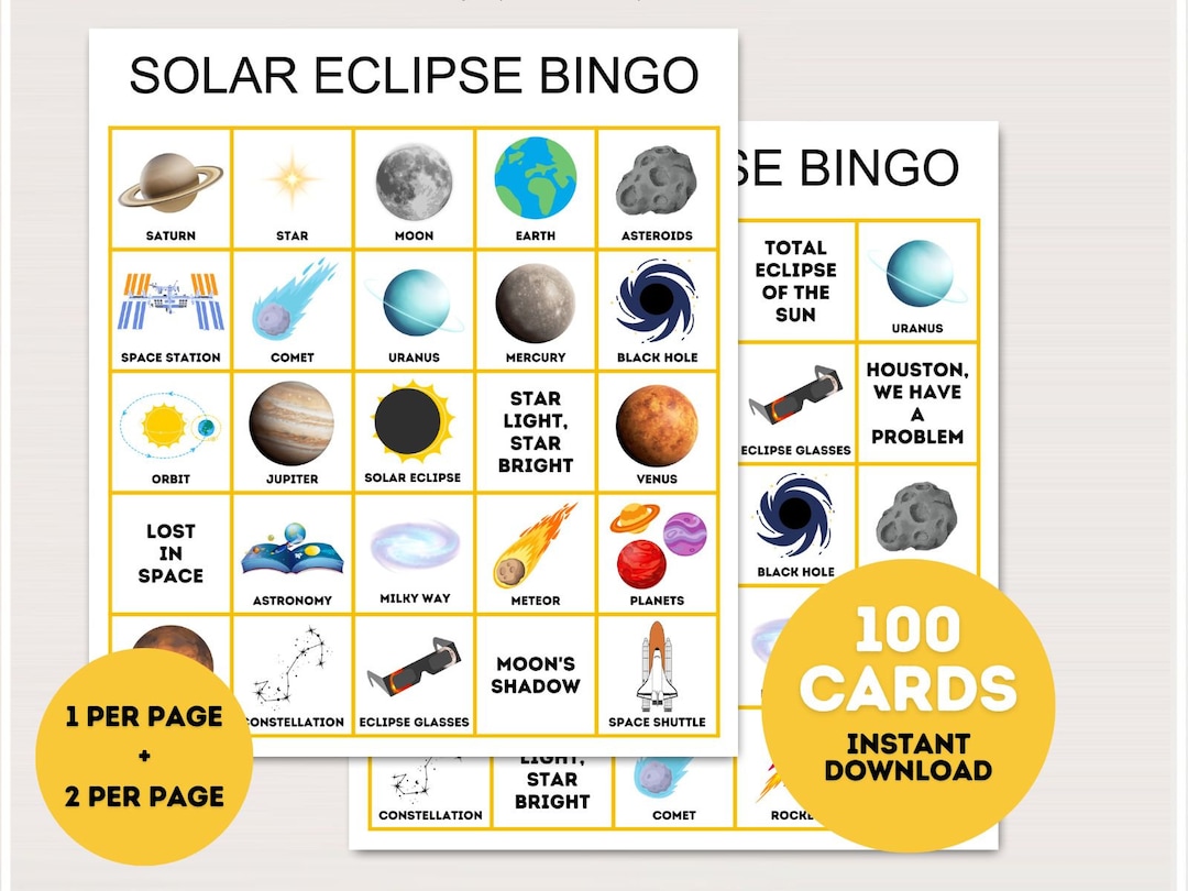 Solar Eclipse Bingo Cards, 100 Printable Solar Eclipse Bingo, Space ...