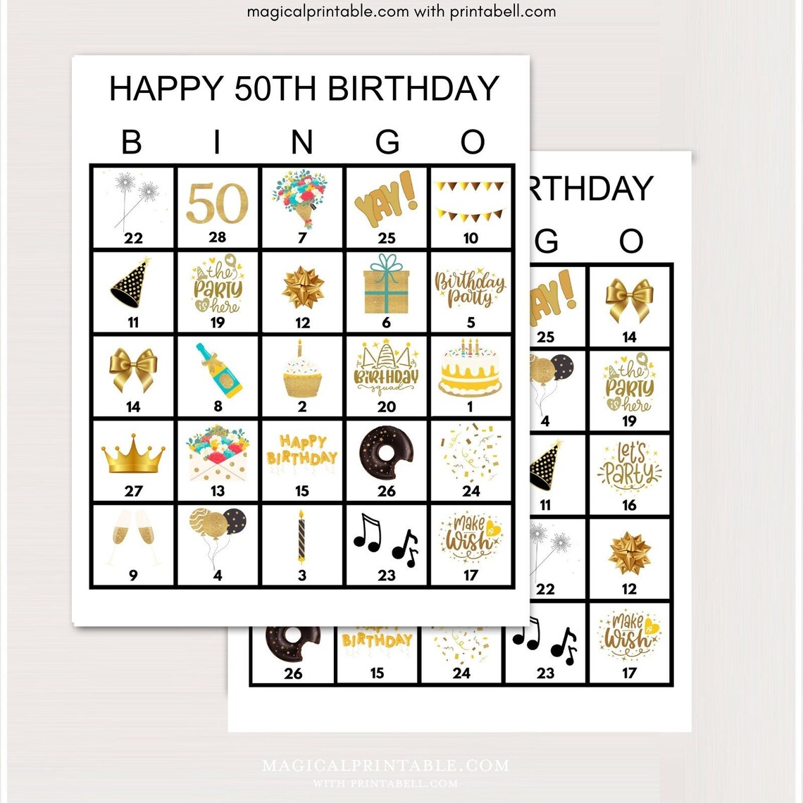 100x 50th Birthday Bingo Cards, Printable 50th Birthday Bingo, Gold ...