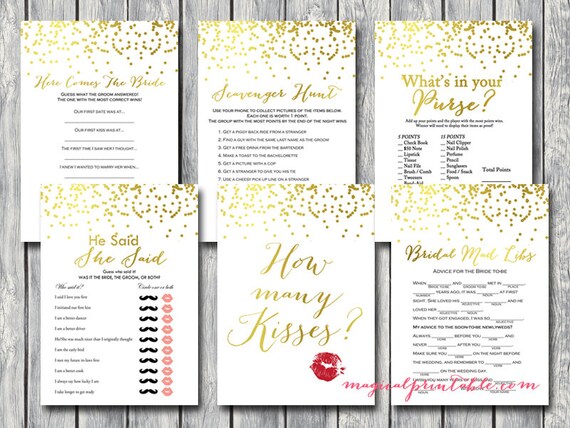 Instant download, Gold Confetti Bridal Shower Game pack, Bachelorette ...