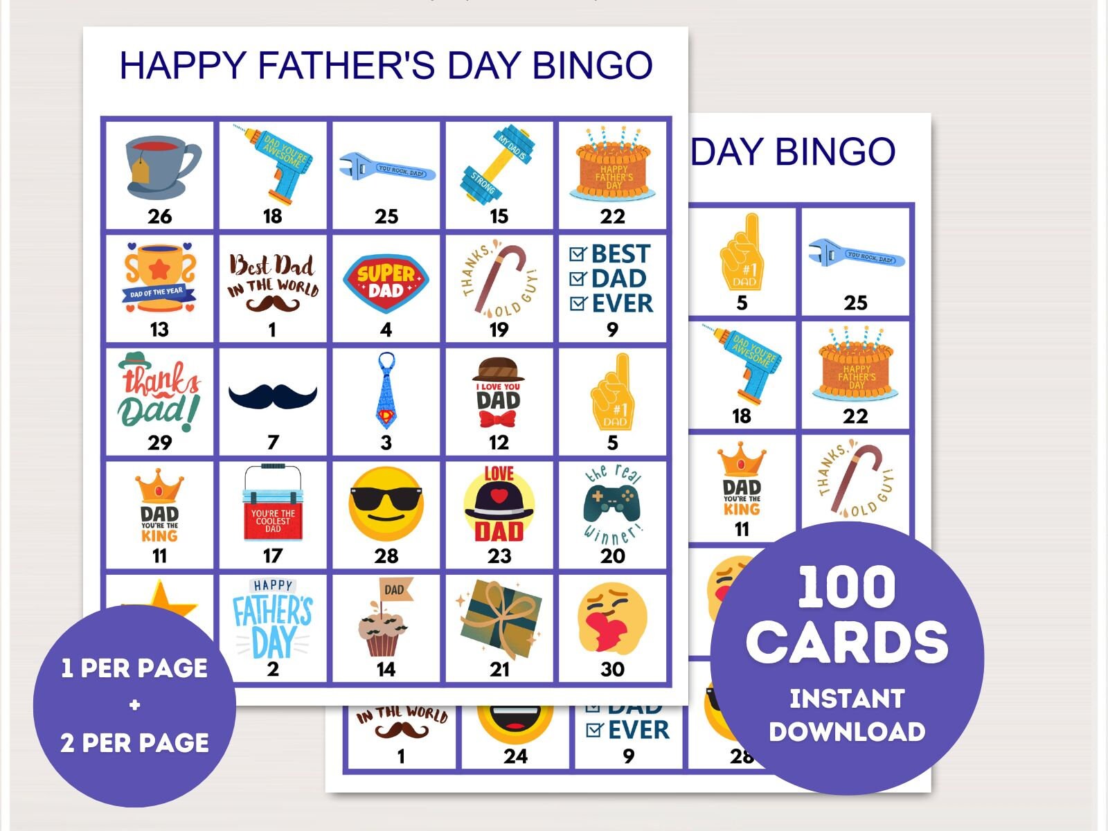 100x Father's Day Bingo Cards, Printable Father's Day Bingo, Happy ...