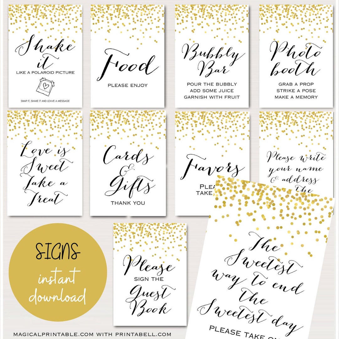 Gold Confetti Party Signs, Printable Gold Birthday Signs, Gold Wedding ...