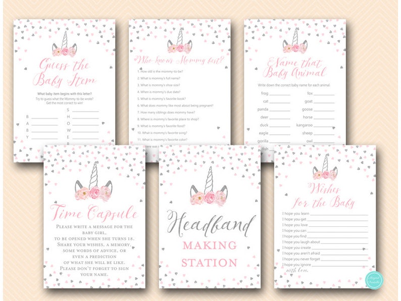 Pink Silver Unicorn Baby Shower Games Package Instant | Etsy