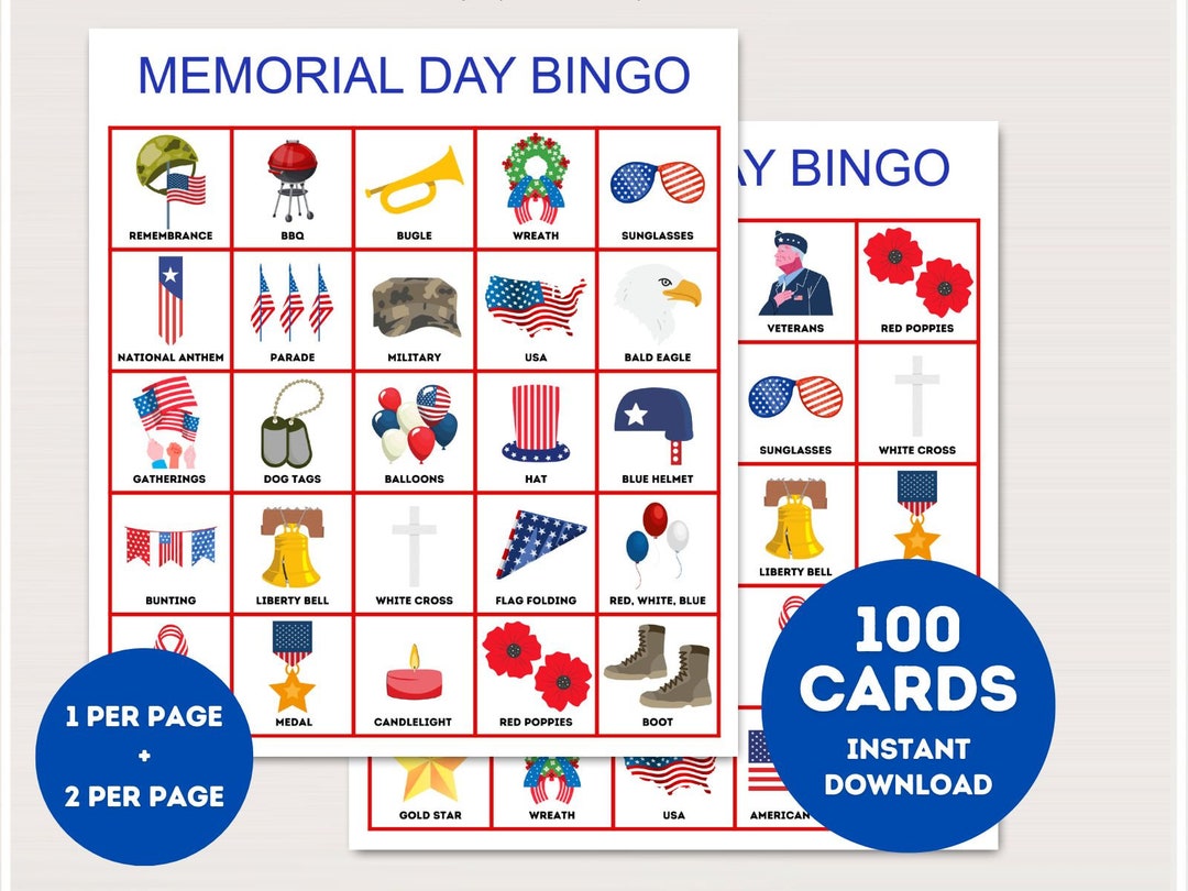 Memorial Day Bingo Cards, 100 Patriotic Bingo Cards, Instant Download ...