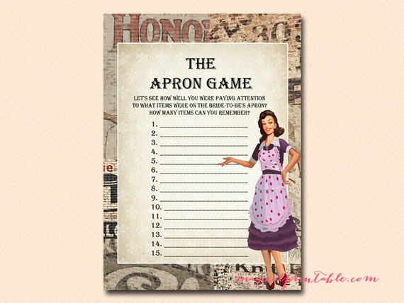 The apron game, 1950's Housewife Bridal Shower Game Printables, Retro ...