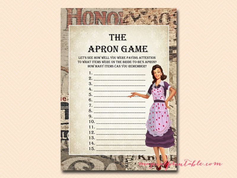 The Apron Game, 1950's Housewife Bridal Shower Game Printables, Retro ...
