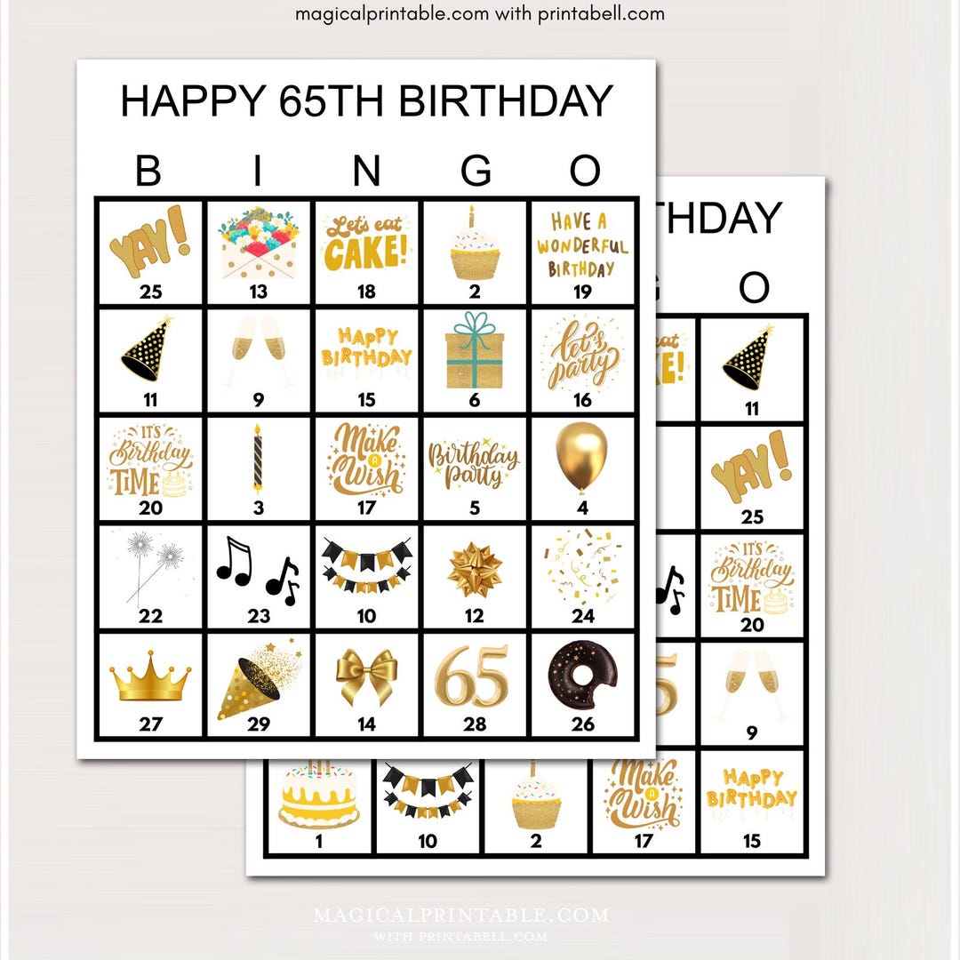 100x 65th Birthday Bingo Cards, Printable 65th Birthday Bingo, Gold ...