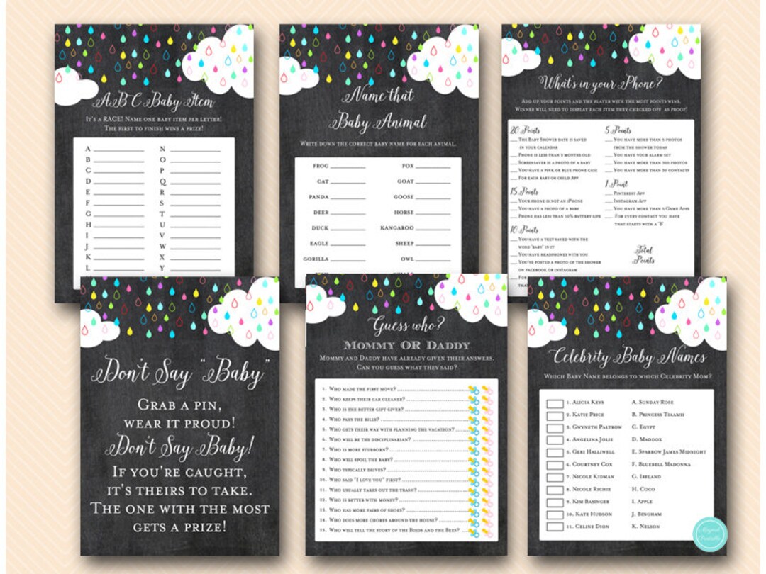 Rainbow Rain and Clouds Baby Shower Games Package Deal, Phone Game ...