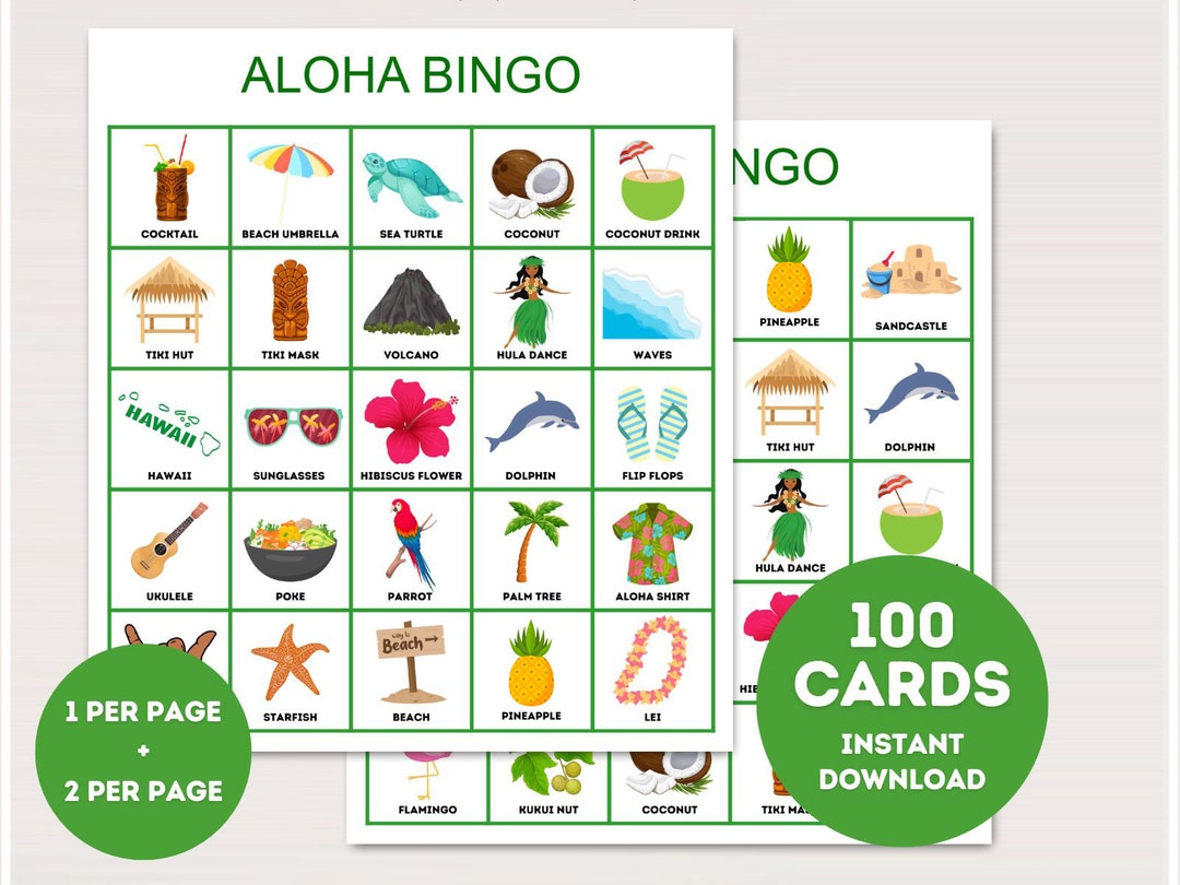 Aloha Bingo Cards, Luau Bingo, Hawaiian Bingo, Printable Luau Bingo ...