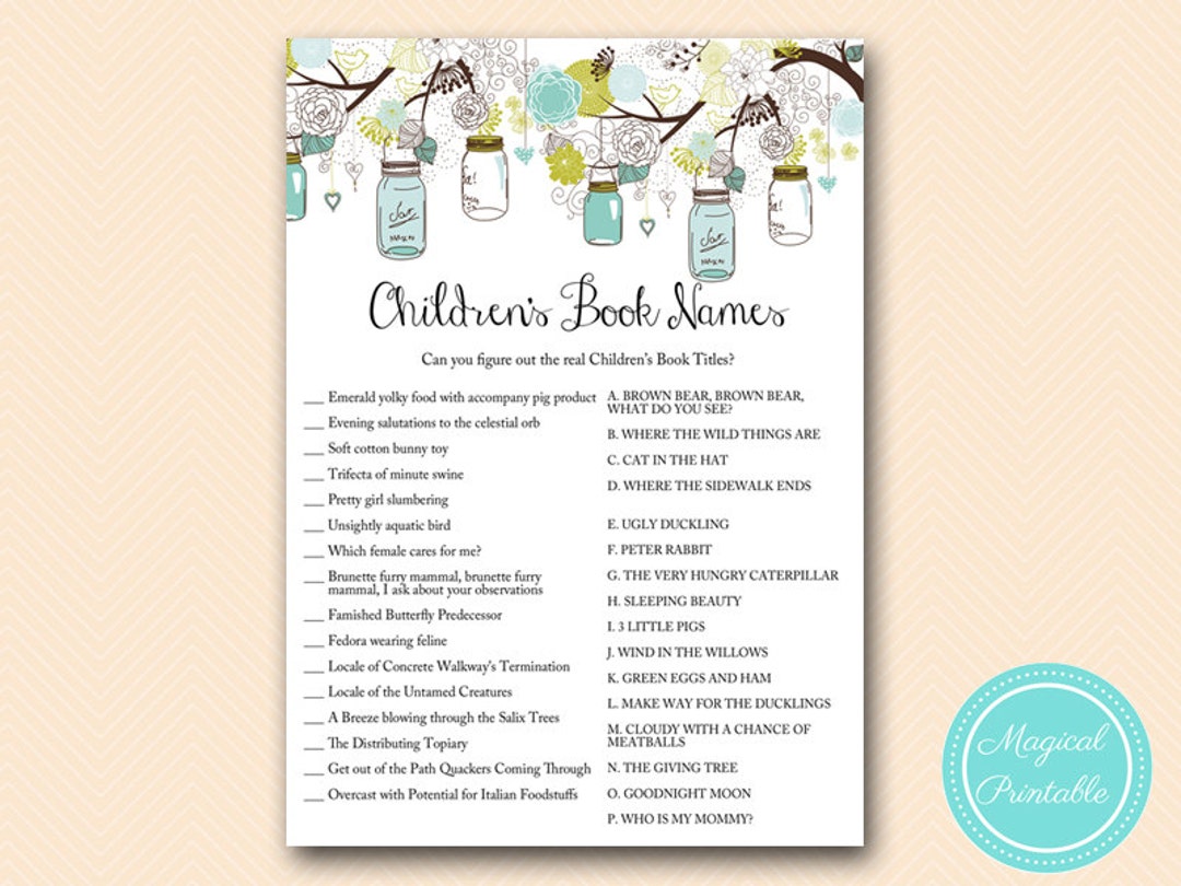 Children's Book Name Game, Rustic Mason Jars Baby Shower, Baby Shower ...