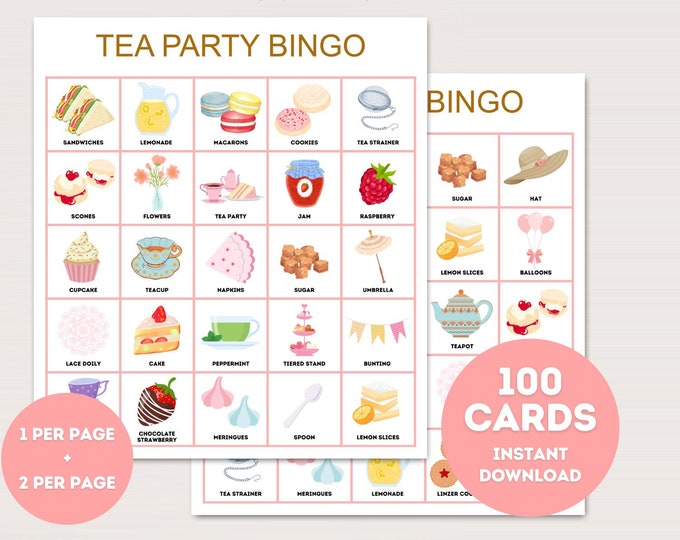 120 Tea Party Bingo Cards Printable Game, Tea Party Bridal Shower Bingo ...