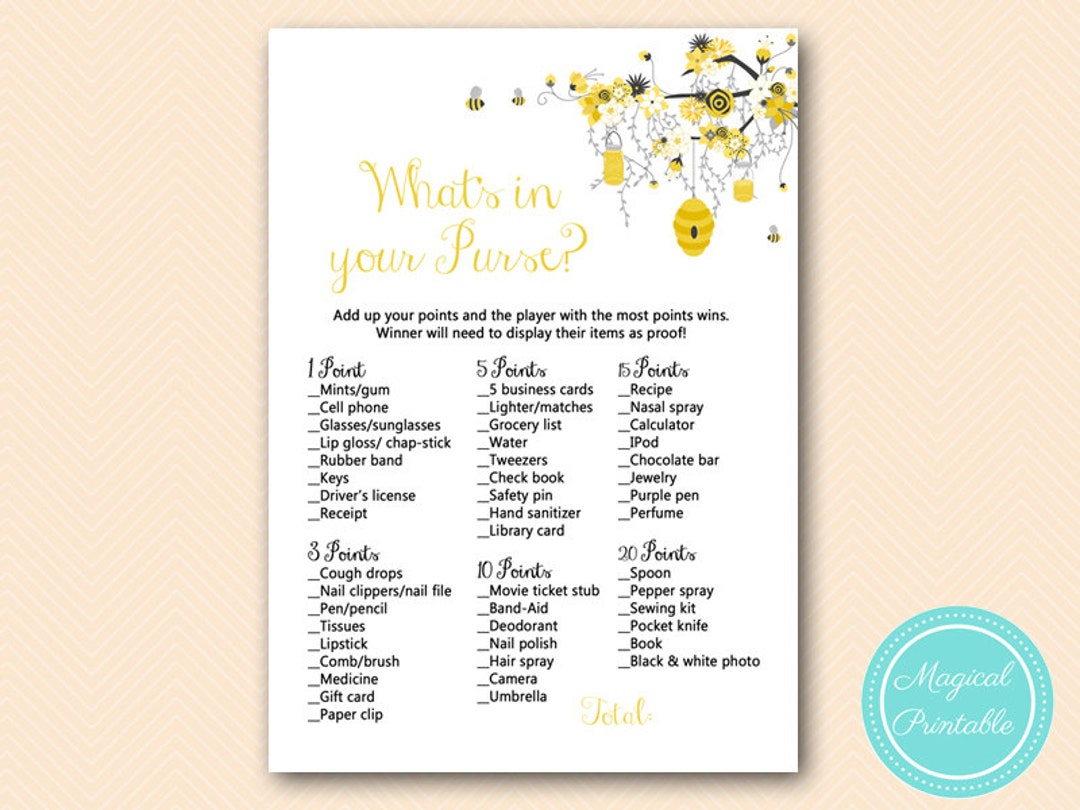 What's in Your Purse, Purse Raid, Purse Hunt Game, Bee Baby Shower Game ...