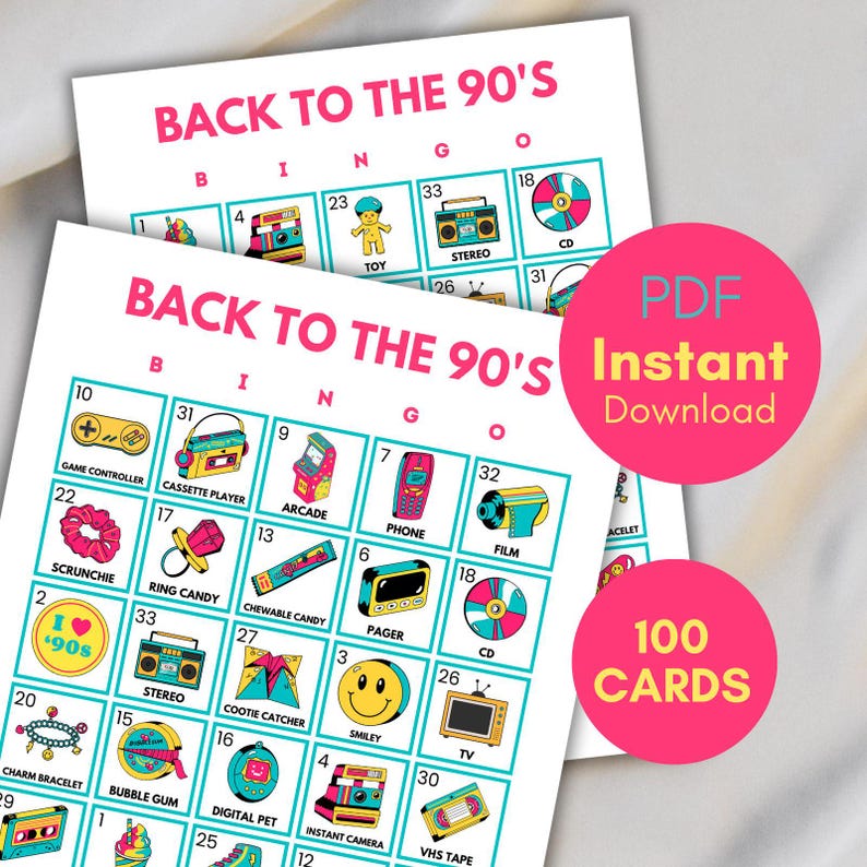 100x Retro 90's Bingo Cards, Printable 1990's Retro Party Bingo, 90's ...