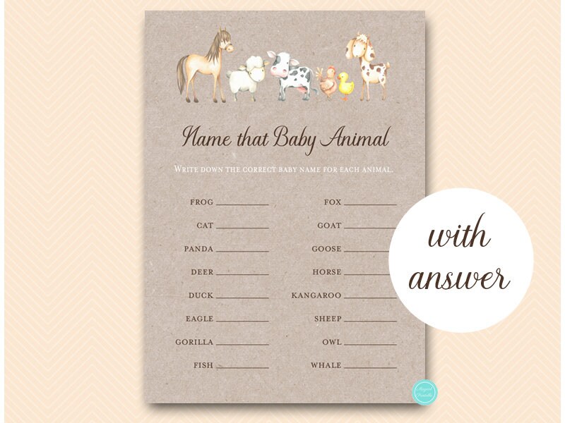 Farm Baby Shower Games, Name the Baby Animal Game, Baby Shower Baby ...