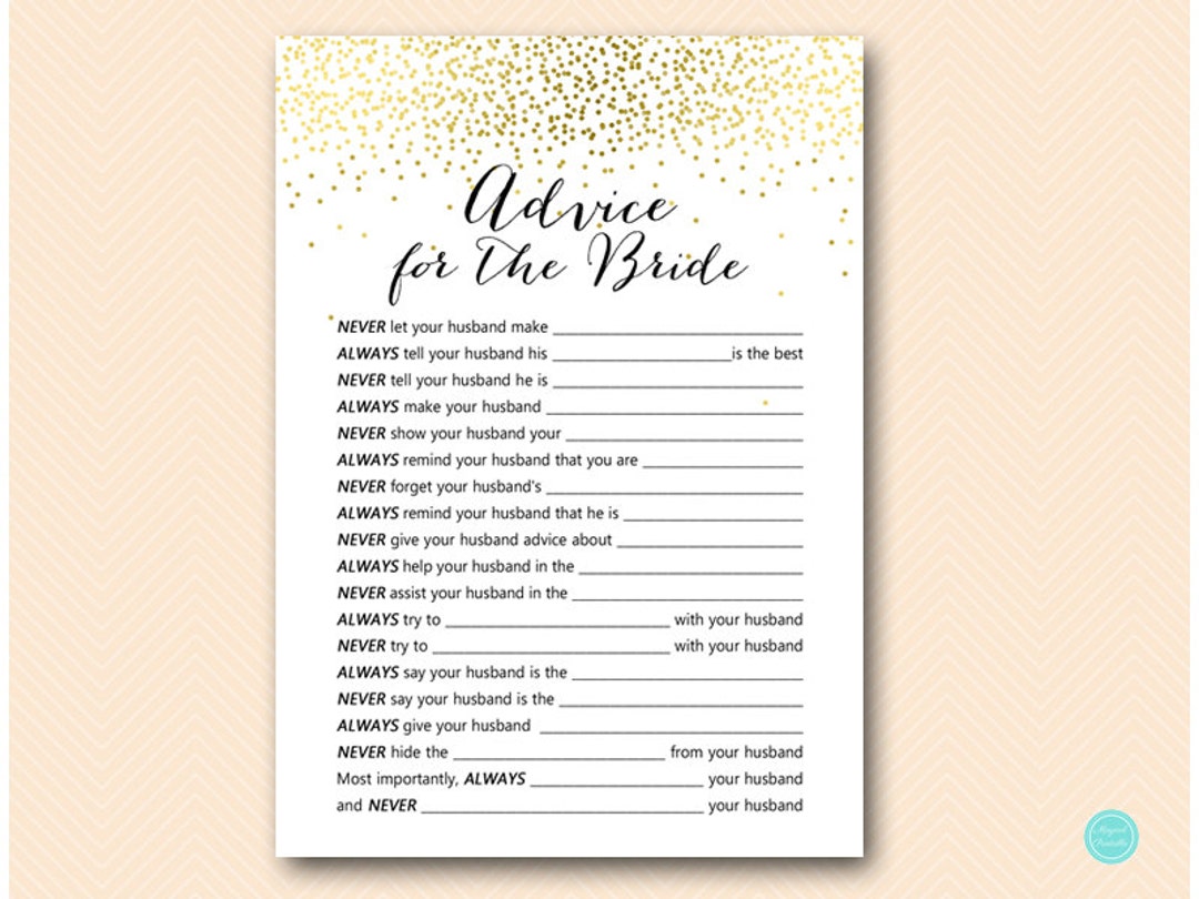 Gold Advice for the Bride Card, Husband Advice, Never and Always Advice ...