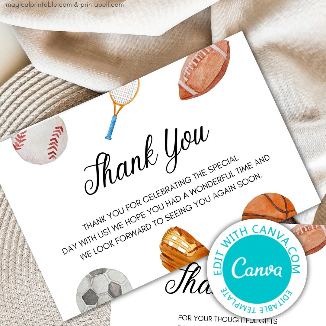 Editable Sports Thank You Card, 4x6" Card Template, Sports Baby Shower ...