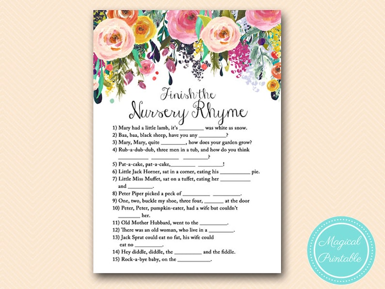 Finish the Nursery Rhyme, Nursery Rhyme Quiz, Floral, Whimsical Chic ...