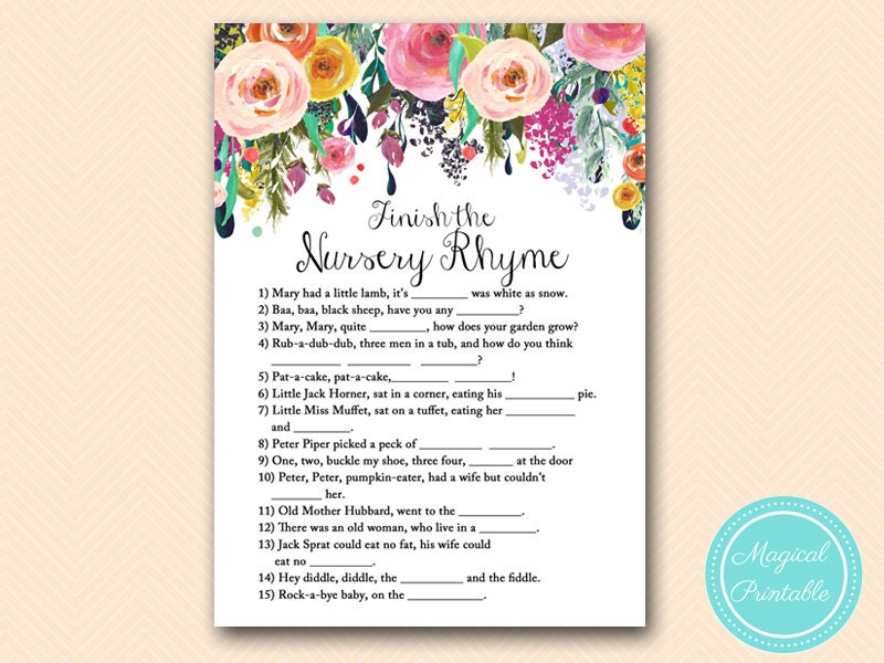 Finish the Nursery Rhyme, Nursery Rhyme Quiz, Floral, Whimsical Chic ...
