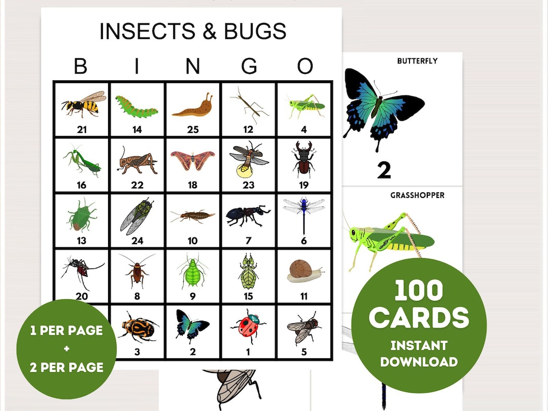 100x Insect and Bugs Bingo Cards, Printable Birthday Party Bingo, Party ...