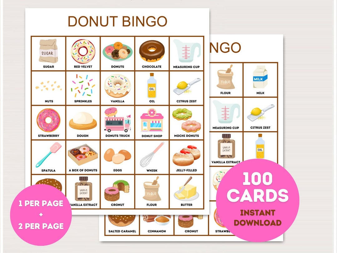 Donut Bingo Cards, 100 Printable Donut Bingo, Donut Party Activity ...