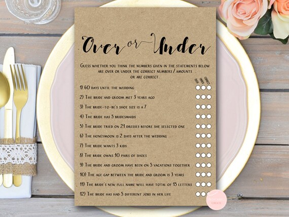 Rustic Over Or Under Bridal Shower Games Over Or Under The Number