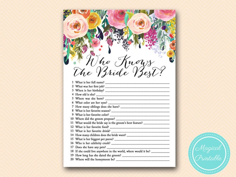 Who Knows the Bride Best Game Printable, Chic Floral Bridal Shower Game ...