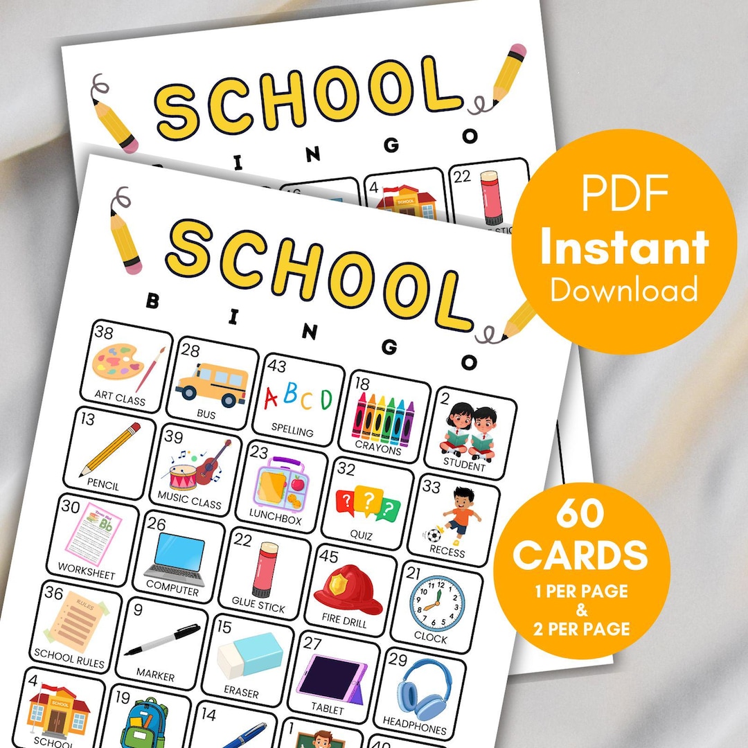School Bingo Cards, 60 Printable Classroom Bingo, PDF, Back to School ...