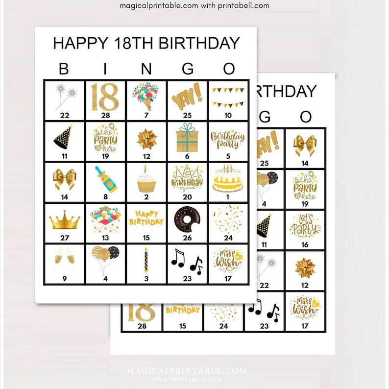 100x 18th Birthday Bingo Cards, Printable 18th Birthday Bingo, Gold Birthday Party Bingo, Fun ...
