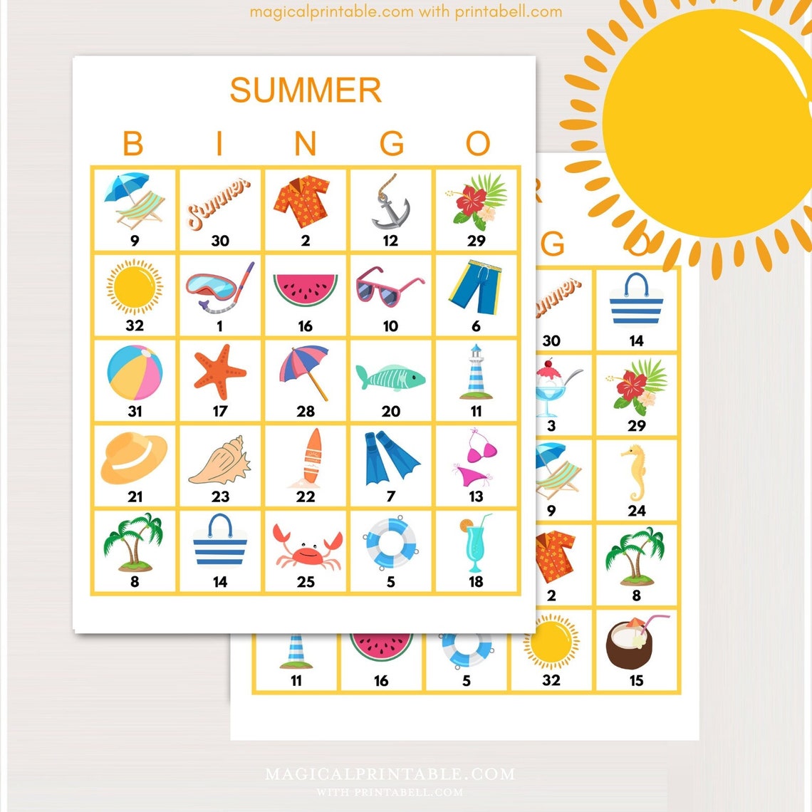 100x Summer Bingo Cards, Printable Summer Party Bingo, Sunshine Party ...