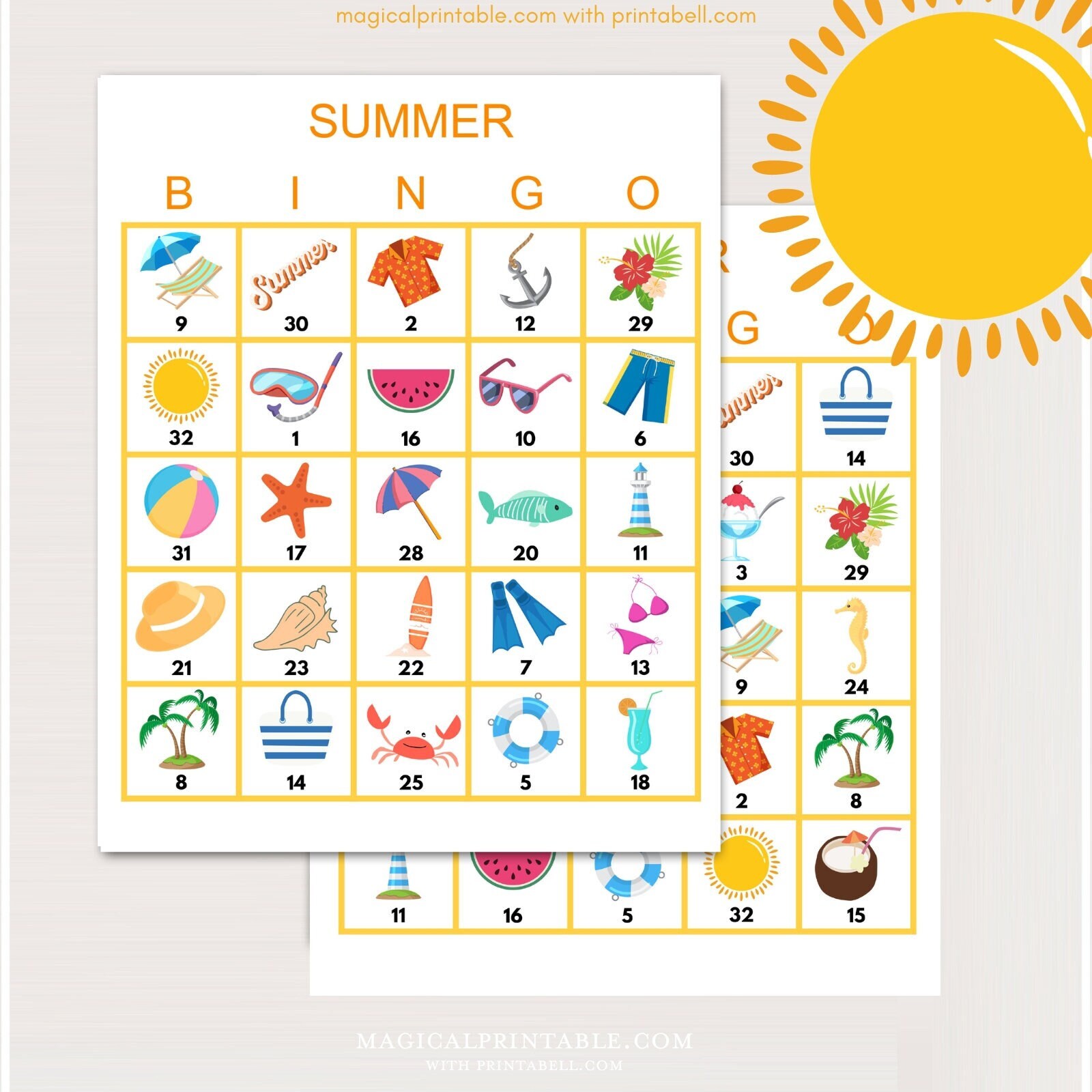 100x Summer Bingo Cards, Printable Summer Party Bingo, Sunshine Party ...