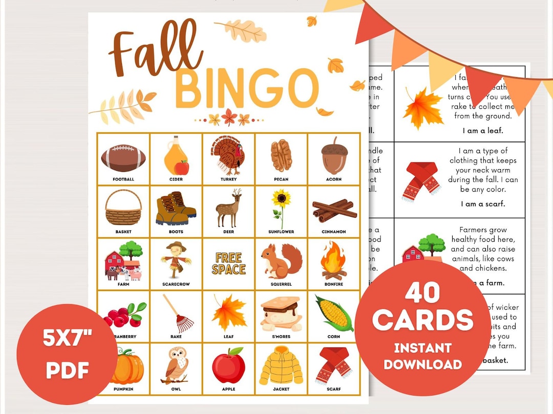 Fall Bingo Cards, Printable Fall Bingo, Fall Picture Bingo, Fall Party ...