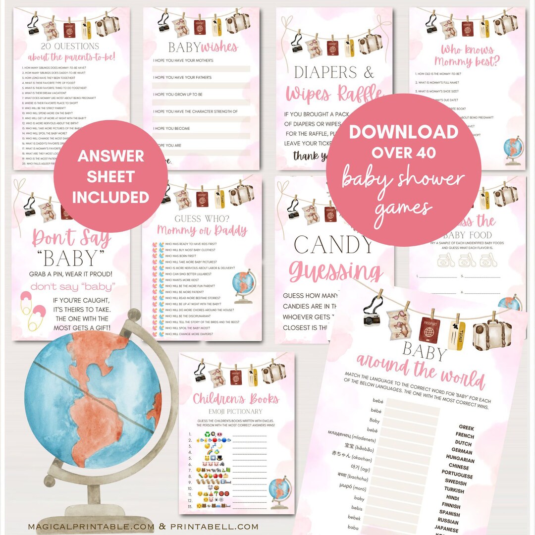 Pink Adventure Awaits Baby Shower Games Bundle, Travel Themed Baby ...