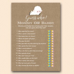 Lamb Baby Shower Mommy or Daddy Game, Guess Who Baby Shower Game ...