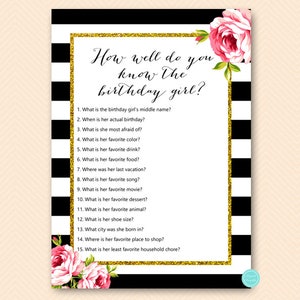 Black and Gold Girl Birthday Party Games, Who Knows the Birthday Girl ...