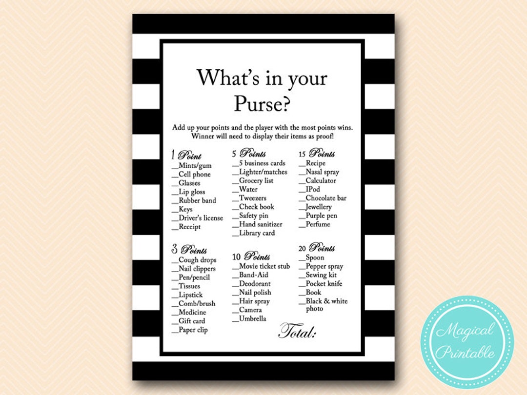 What's in Your Purse, Purse Hunt Game, Black White Stripes Bridal ...
