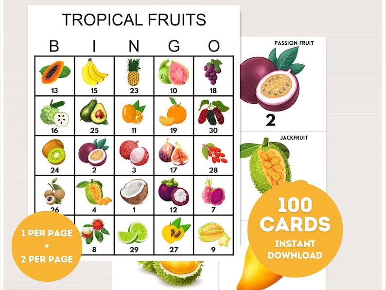 100x Tropical Fruits Bingo Cards, Printable Tropical Party Bingo ...