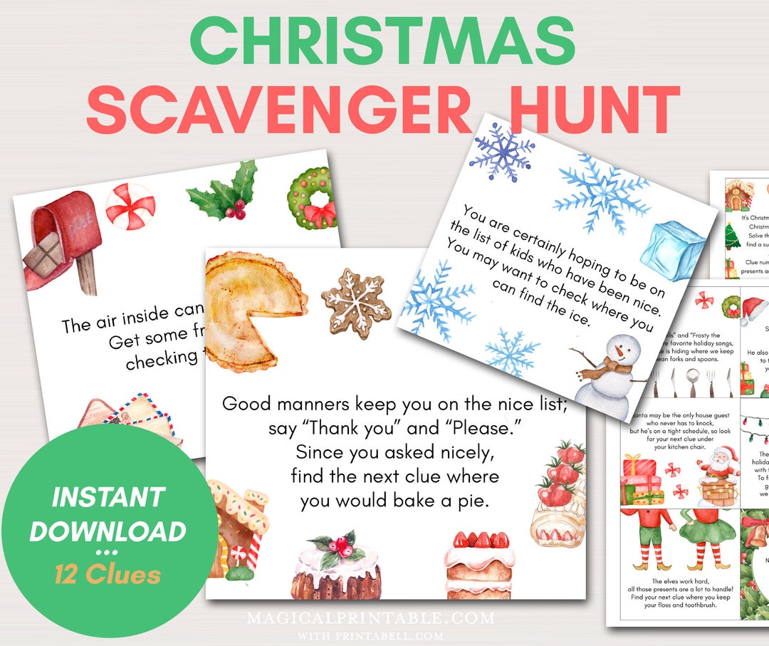 Christmas Scavenger Hunt Game, Christmas Treasure Hunt Clues, Christmas ...