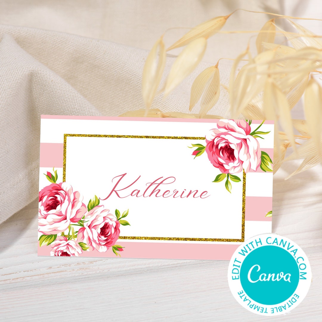 Editable Pink and Gold Food Labels, Pink Stripes Floral Bridal Shower ...