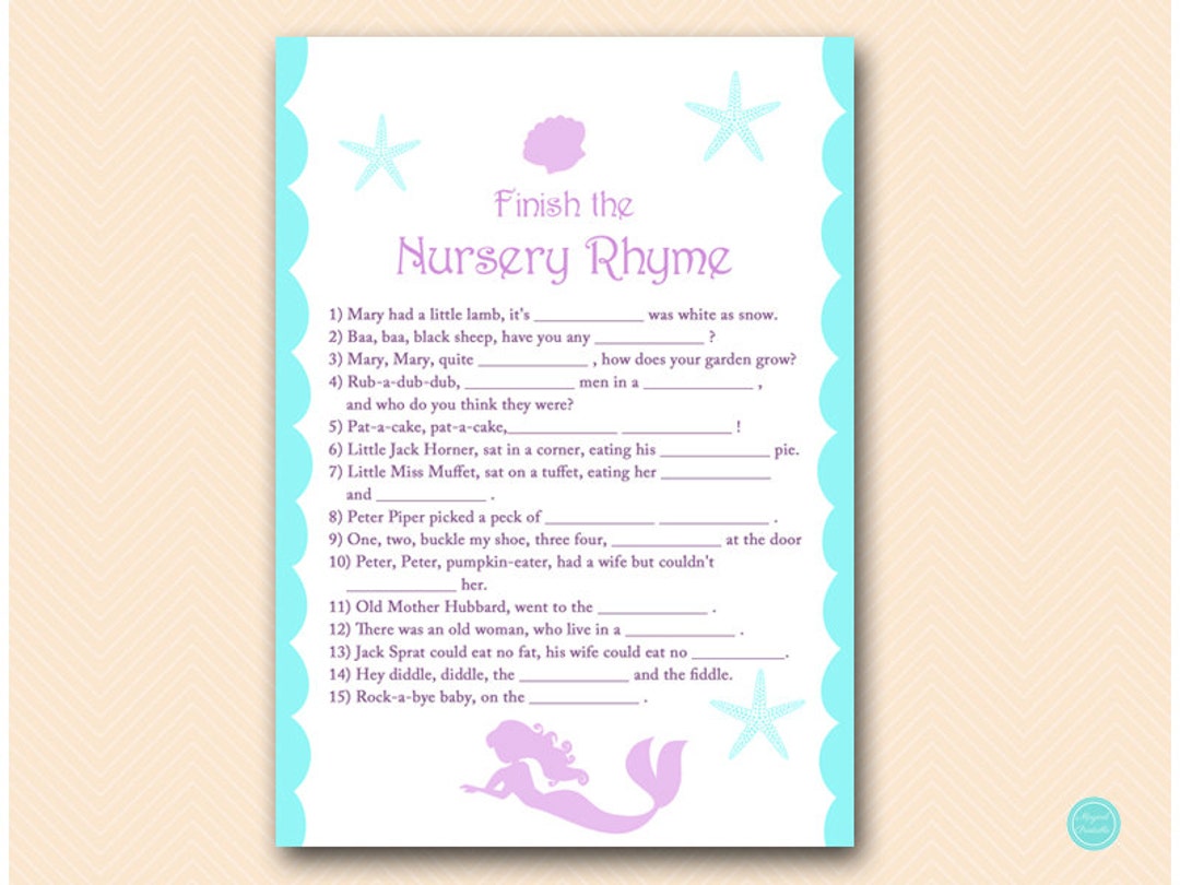Finish the Nursery Rhyme Game, Nursery Rhyme Quiz, Mermaid Baby Shower ...