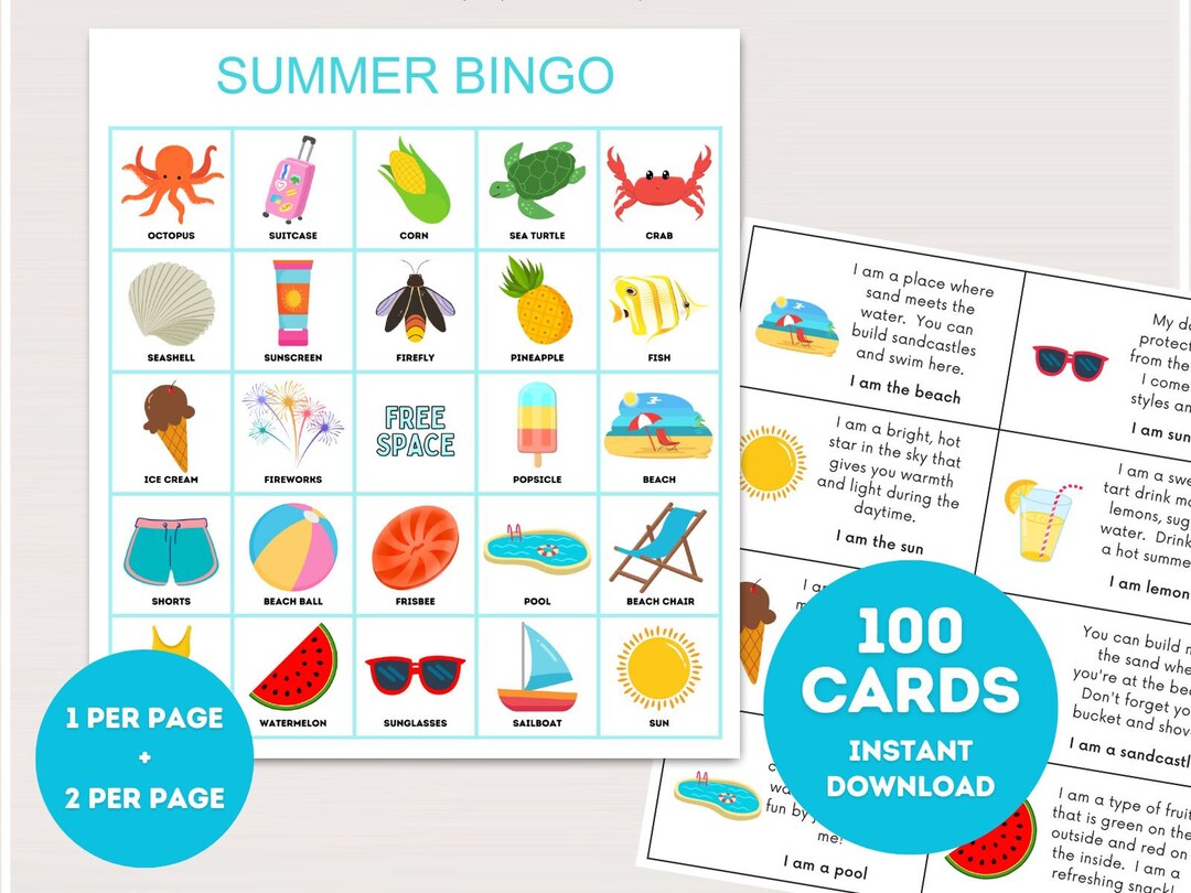 Summer Bingo Cards, 100 Printable Summer Bingo, Summer Party Activity ...